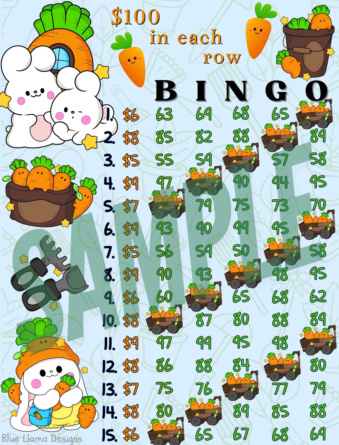 100 Bunny Bingo, 15 Line Bingo Board, Bingo, Pro. Bingo, Bingo Board ...