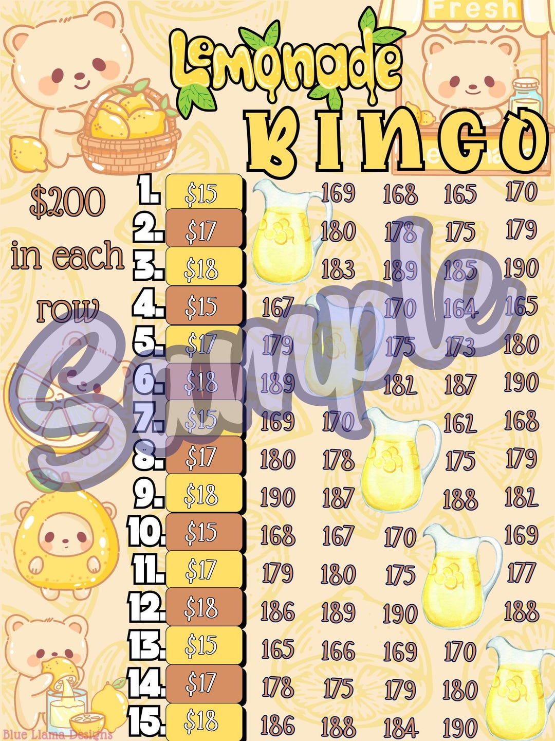 200 Lemonade Ier Bingo, 15 Line Bingo Board, Bingo, Pro. Bingo, Themed ...