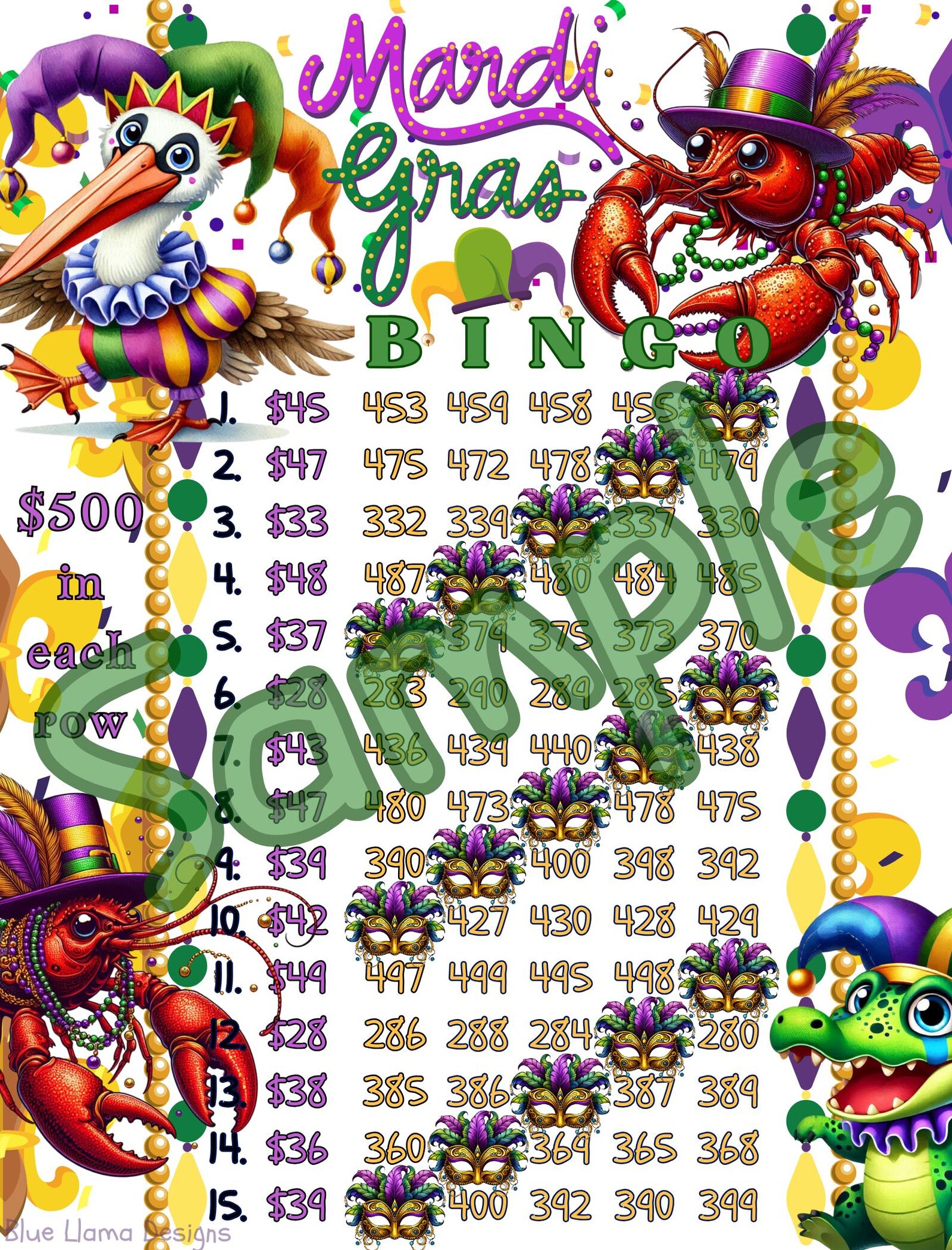 500 Mardi Gras Animals , 15 Line Bingo Board, PYP Bingo, Pro. Board ...