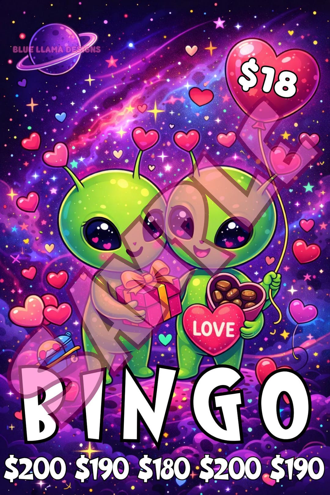 Alien Love 15 Line Bingo Board, Pro. Board, Themed Bingo Boards, One ...