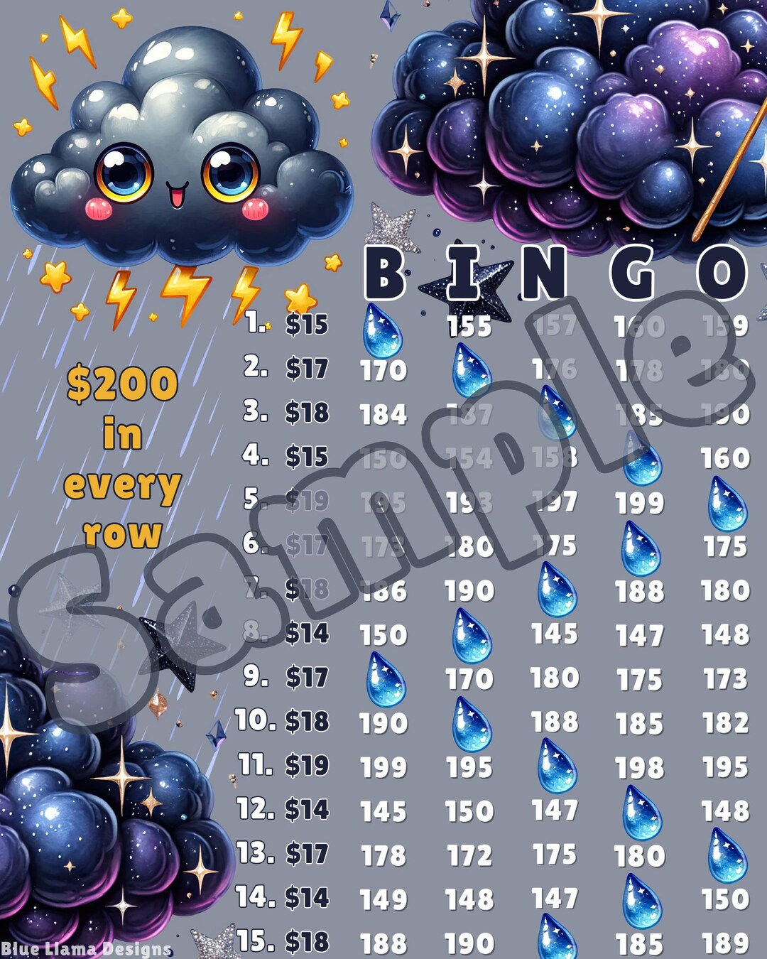 200 Rain Cloud Ier Bingo, 15 Line Bingo Board, Bingo, Pro. Bingo ...