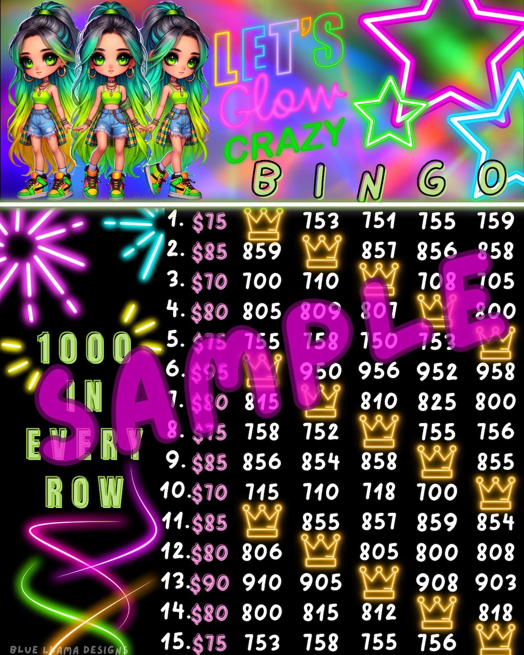 1000 Glow Bingo, 15 Line Bingo Board, PYP Bingo, Pro. Board, Themed ...