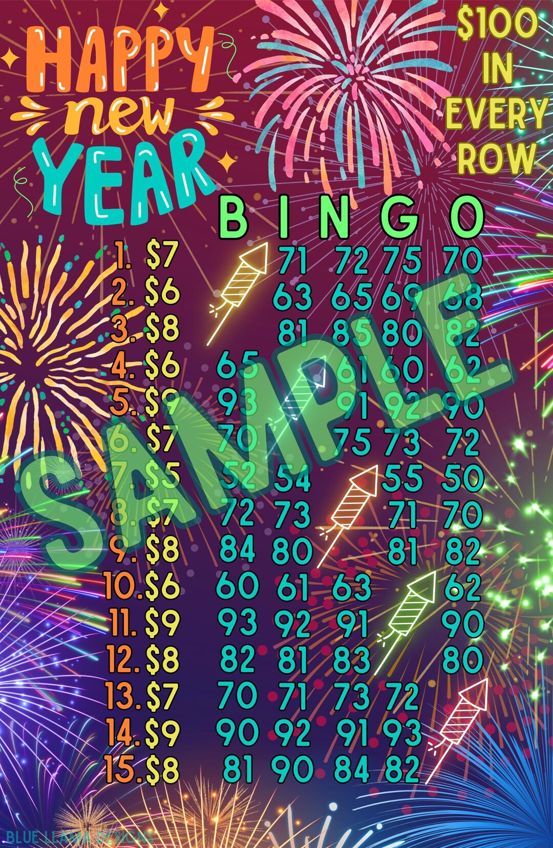 100 New Years Ier Bingo, 15 Line Bingo Board, Bingo, Pro. Bingo, Themed ...