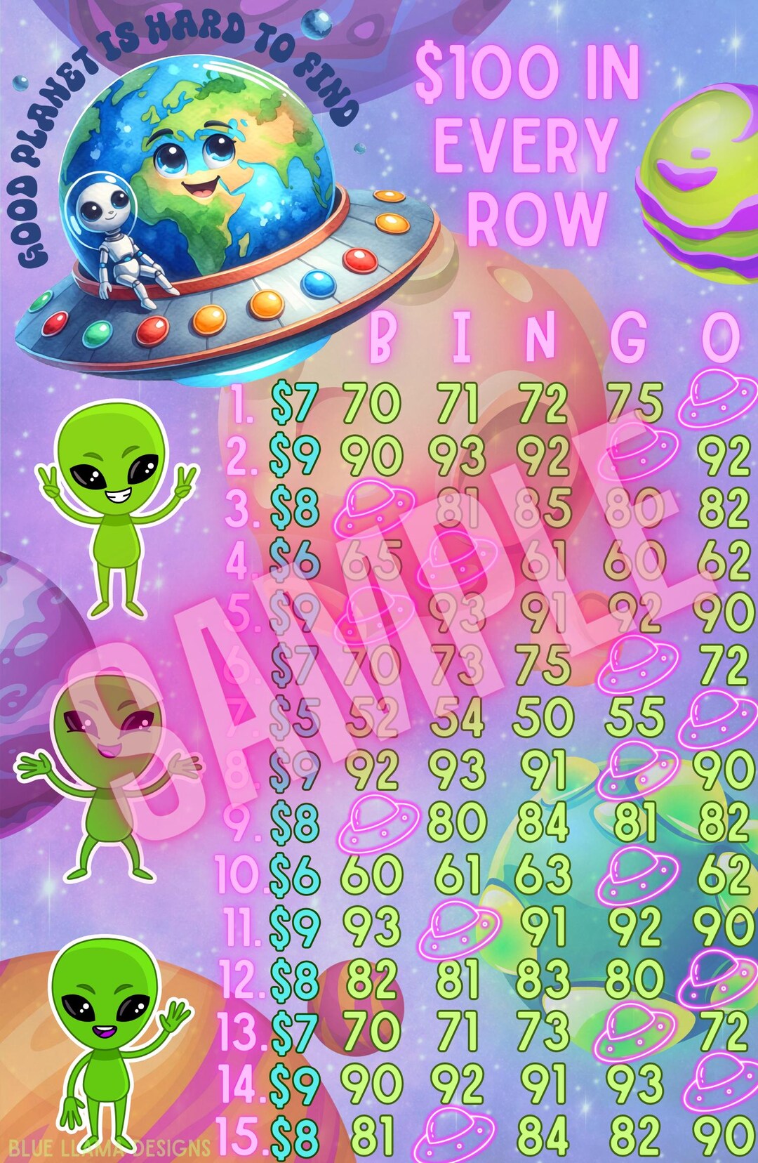 100 Alien Bingo, 15 Line Bingo Board, Bingo, Pro. Bingo, Themed Bingo ...