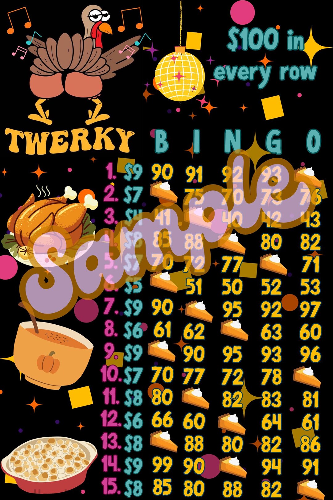 100 Twerky Bingo, 15 Line Bingo Board, Bingo, Pro. Bingo, Thanksgiving ...