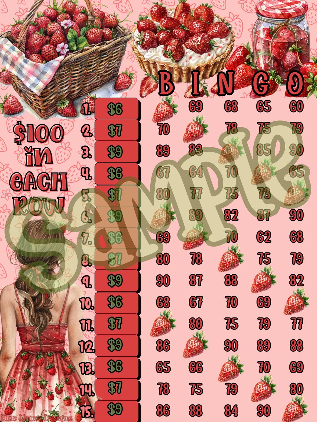 100 Strawberry Bingo, 15 Line Bingo Board, Bingo, Pro. Bingo, Bingo ...