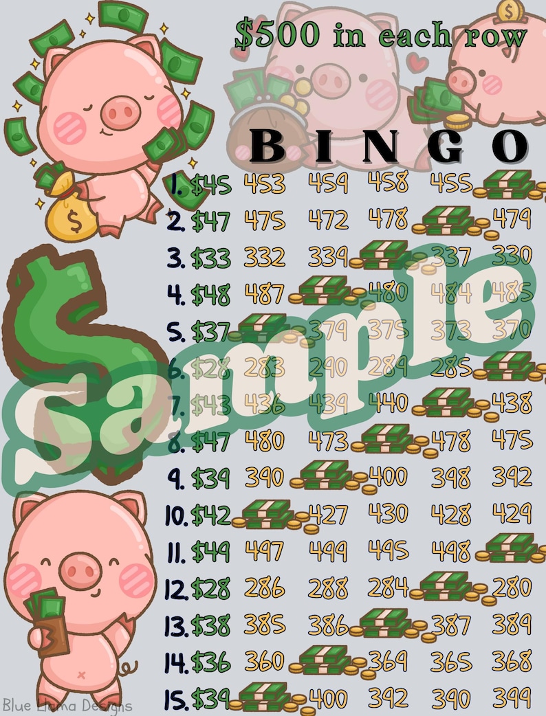 500 Piggy Pay Day, 15 Line Bingo Board, PYP Bingo, Pro. Board, Themed Bingo Boards, BNO Boards ...