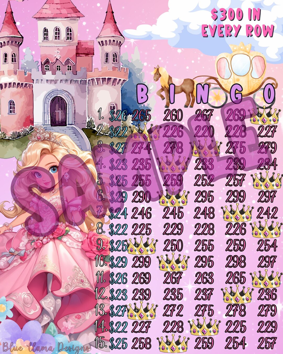 300 Princess IER Bingo, 15 Line Bingo Board, PYP Bingo, Pro. Board, BNO ...