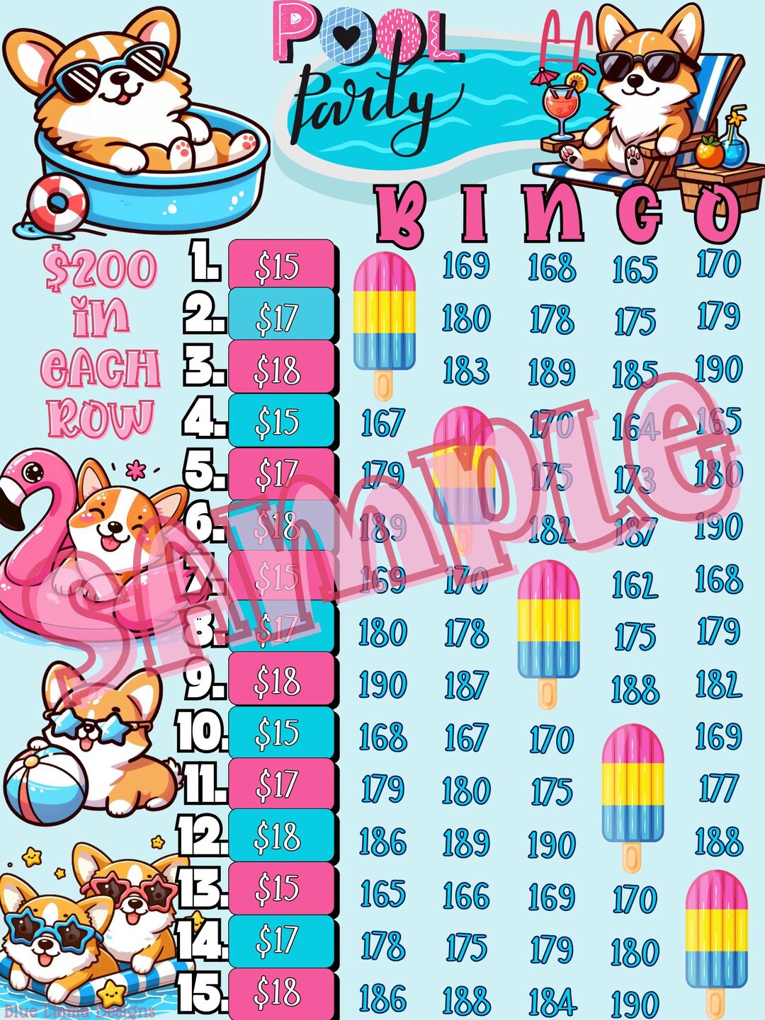 200 Pool Party Ier Bingo, 15 Line Bingo Board, Bingo, Pro. Bingo ...