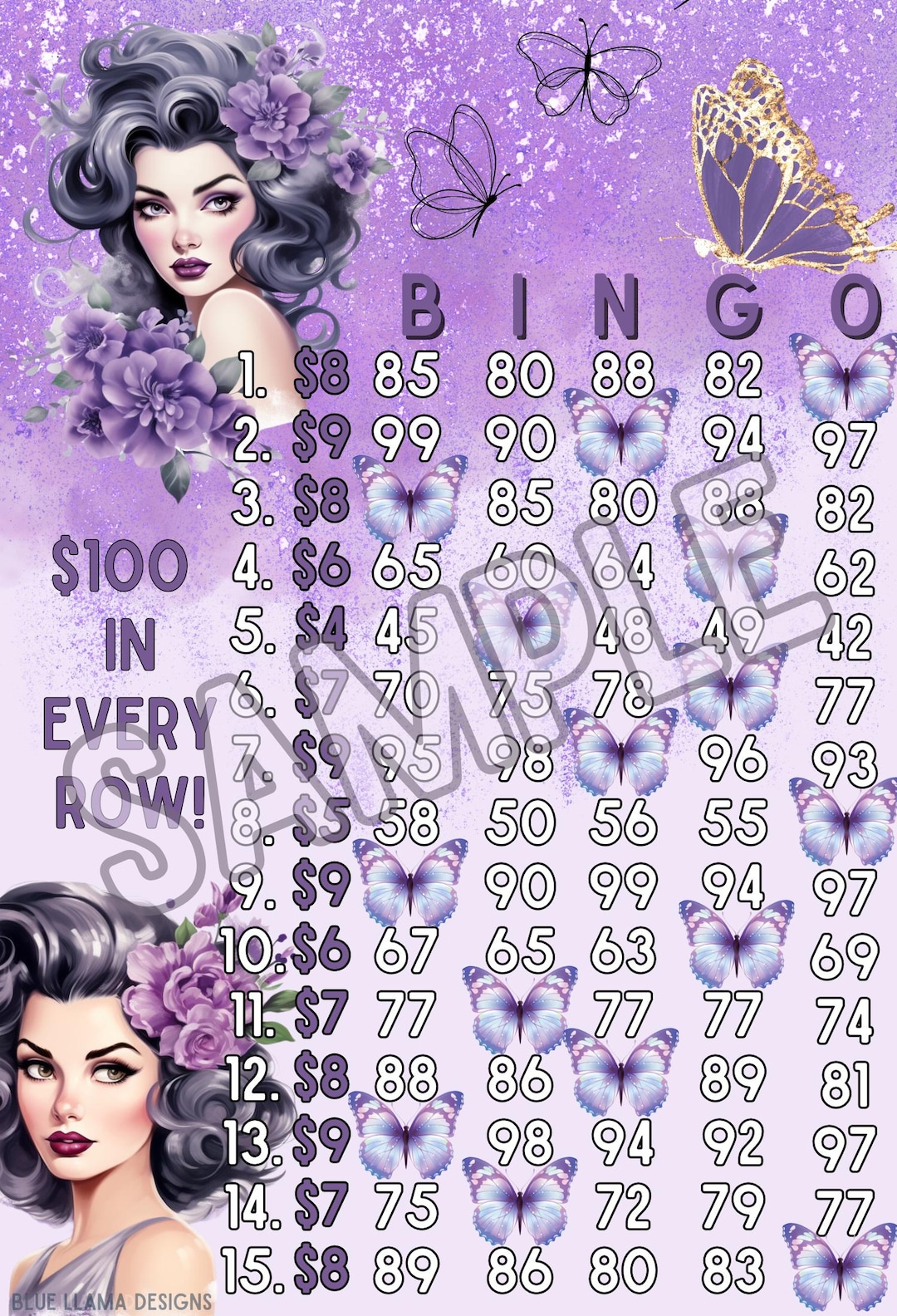 100 Purple Bingo, 15 Line Bingo Board, Bingo, Pro. Bingo, Bingo Board ...