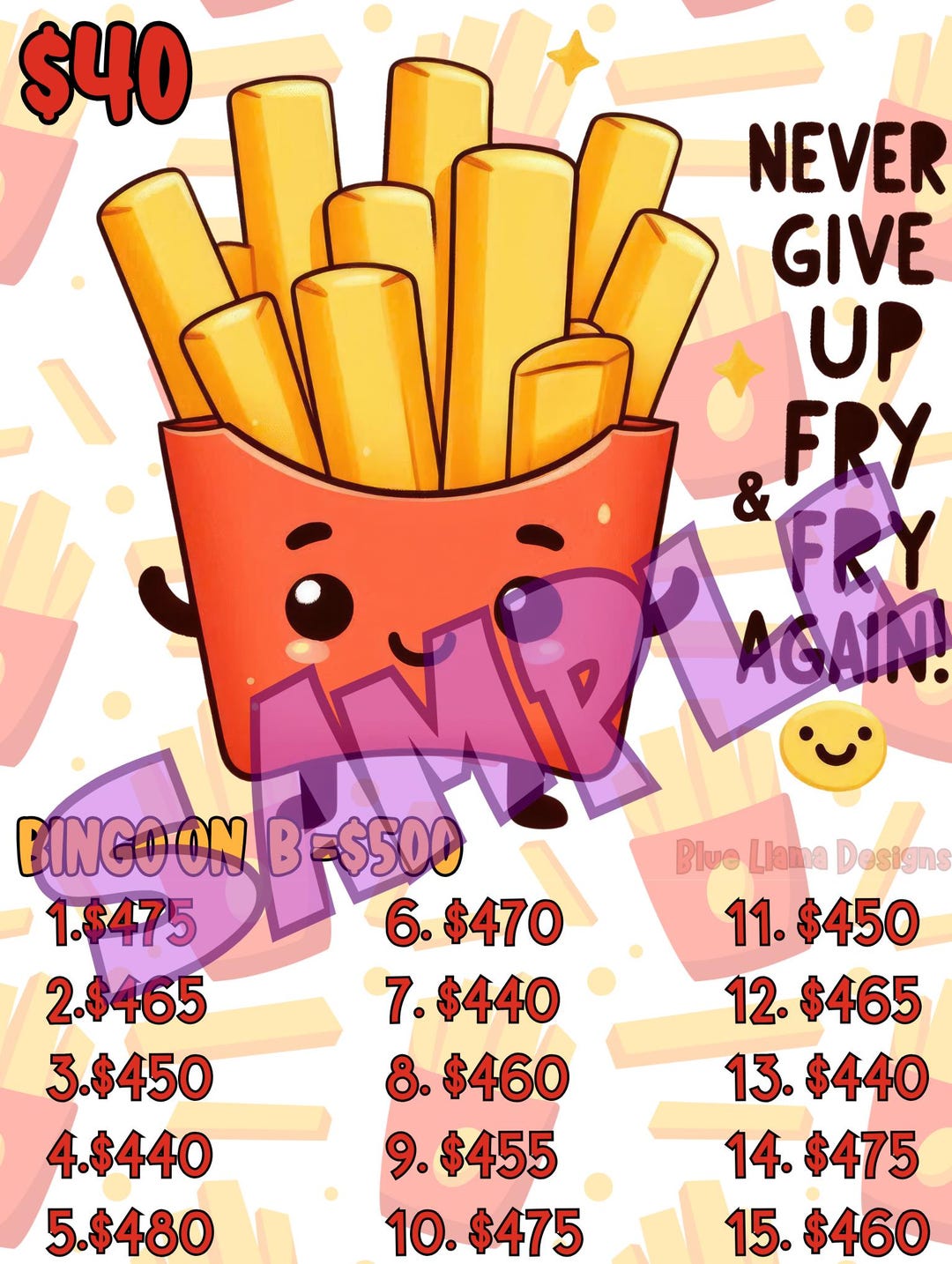Fry Fry Again 15 Line Bingo Board, Bingo, Pro. Board, Themed Bingo ...