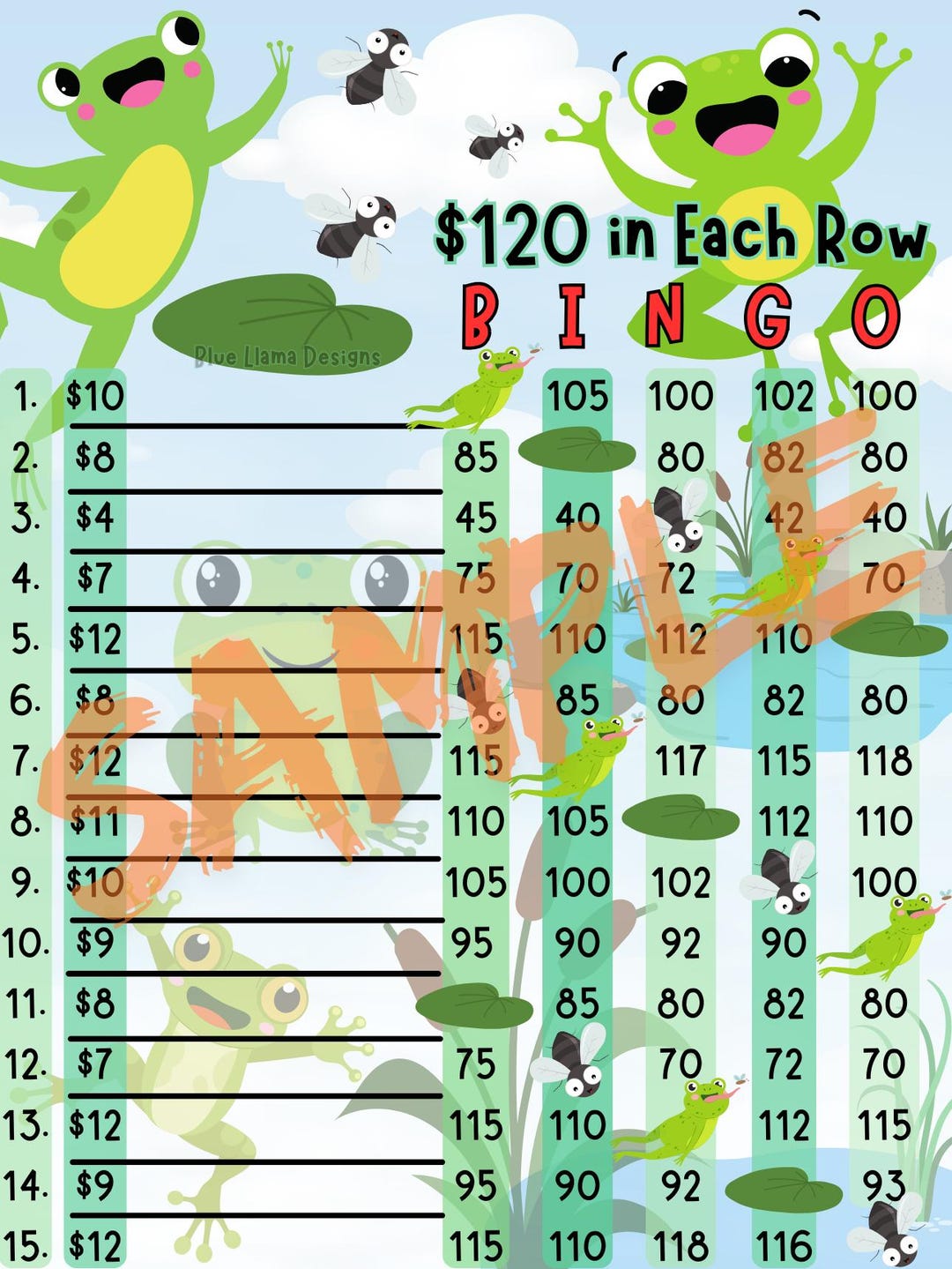 120 Frog Bingo, 15 Line Bingo Board, Bingo, Pro. Bingo, Themed Bingo ...