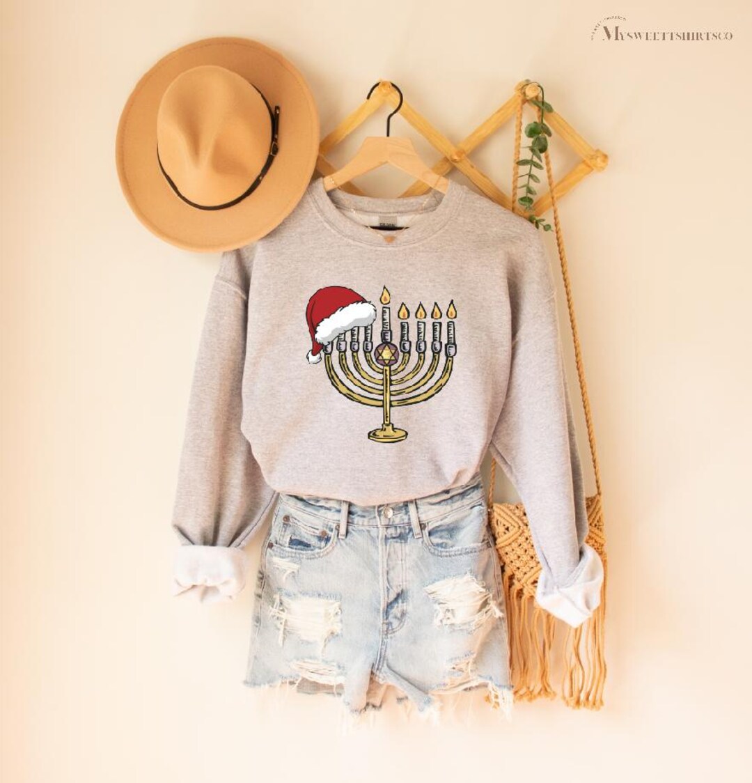 Stylish Hanukkah Christmas Sweatshirt, Menorah With Santa Hat Shirt ...