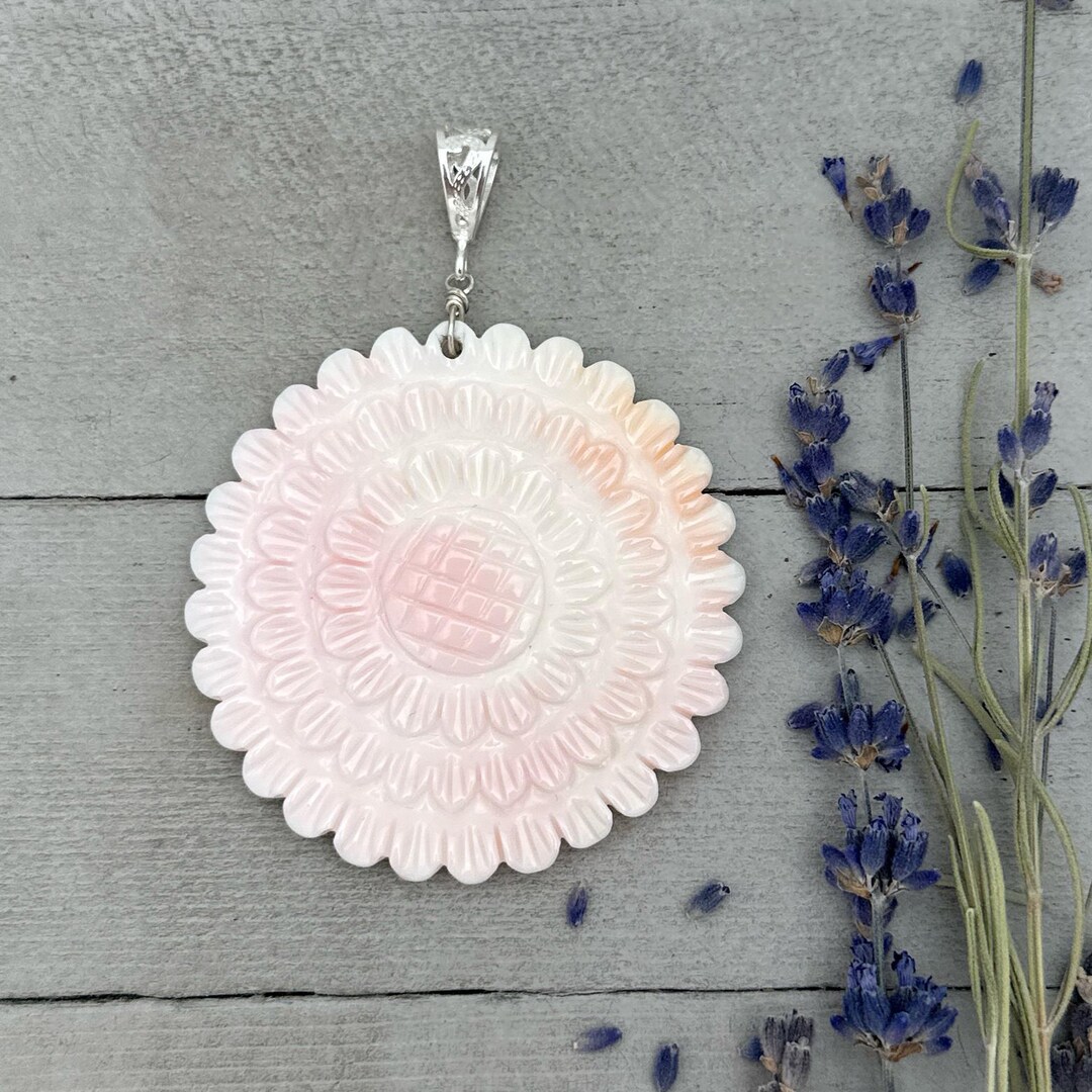 Large Carved Pink Queen Conch Shell Flower and Sterling Silver Pendant ...