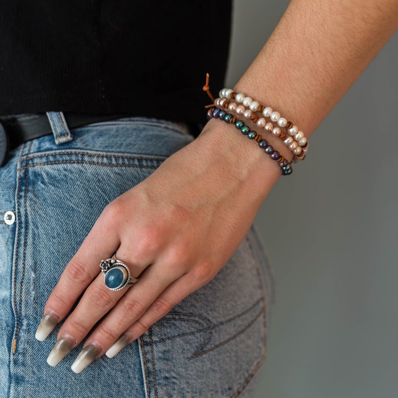 Leather and Pearl Stacking Bracelets. Rustic Brown Leather - Etsy