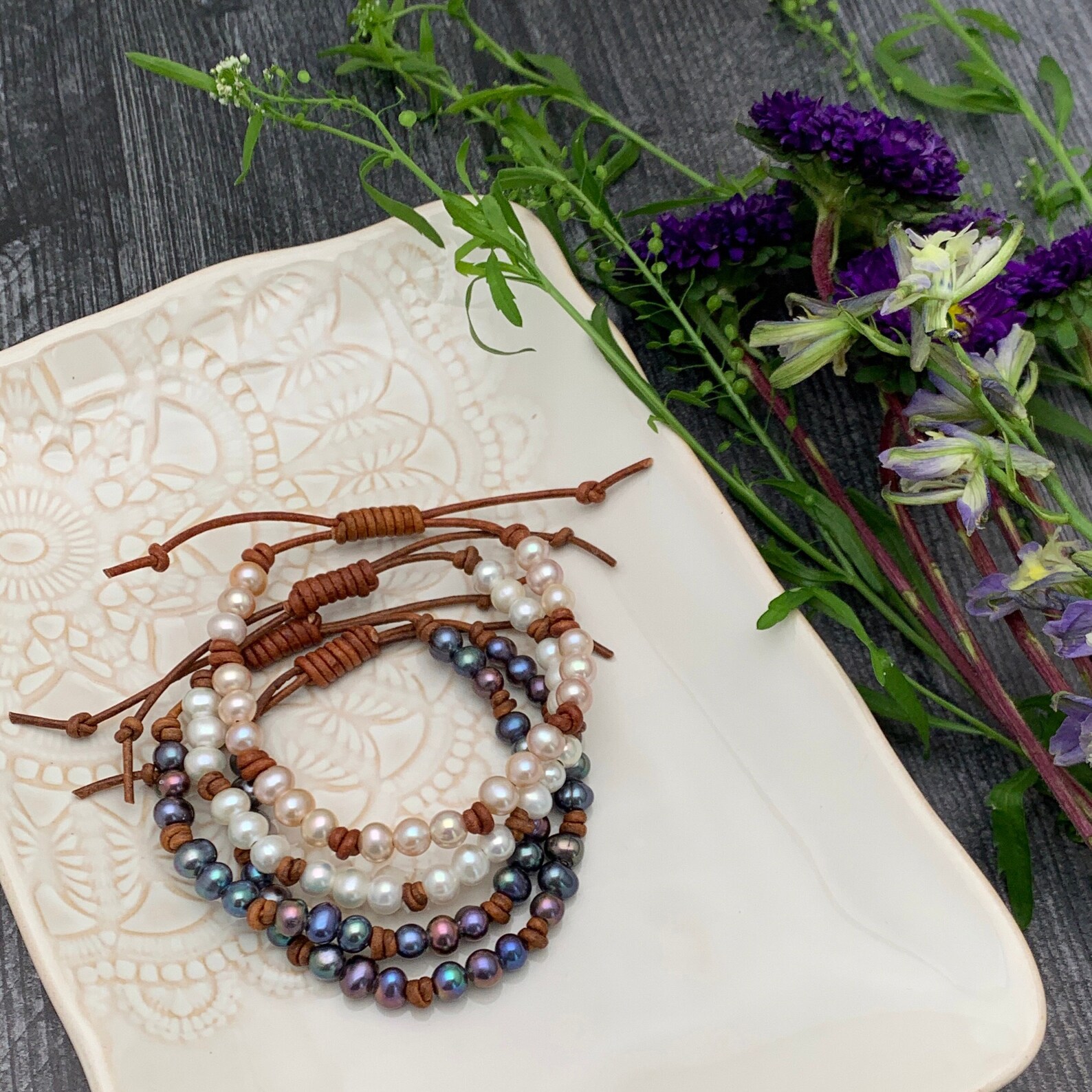 Leather and Pearl Stacking Bracelets. Rustic Brown Leather With Your ...