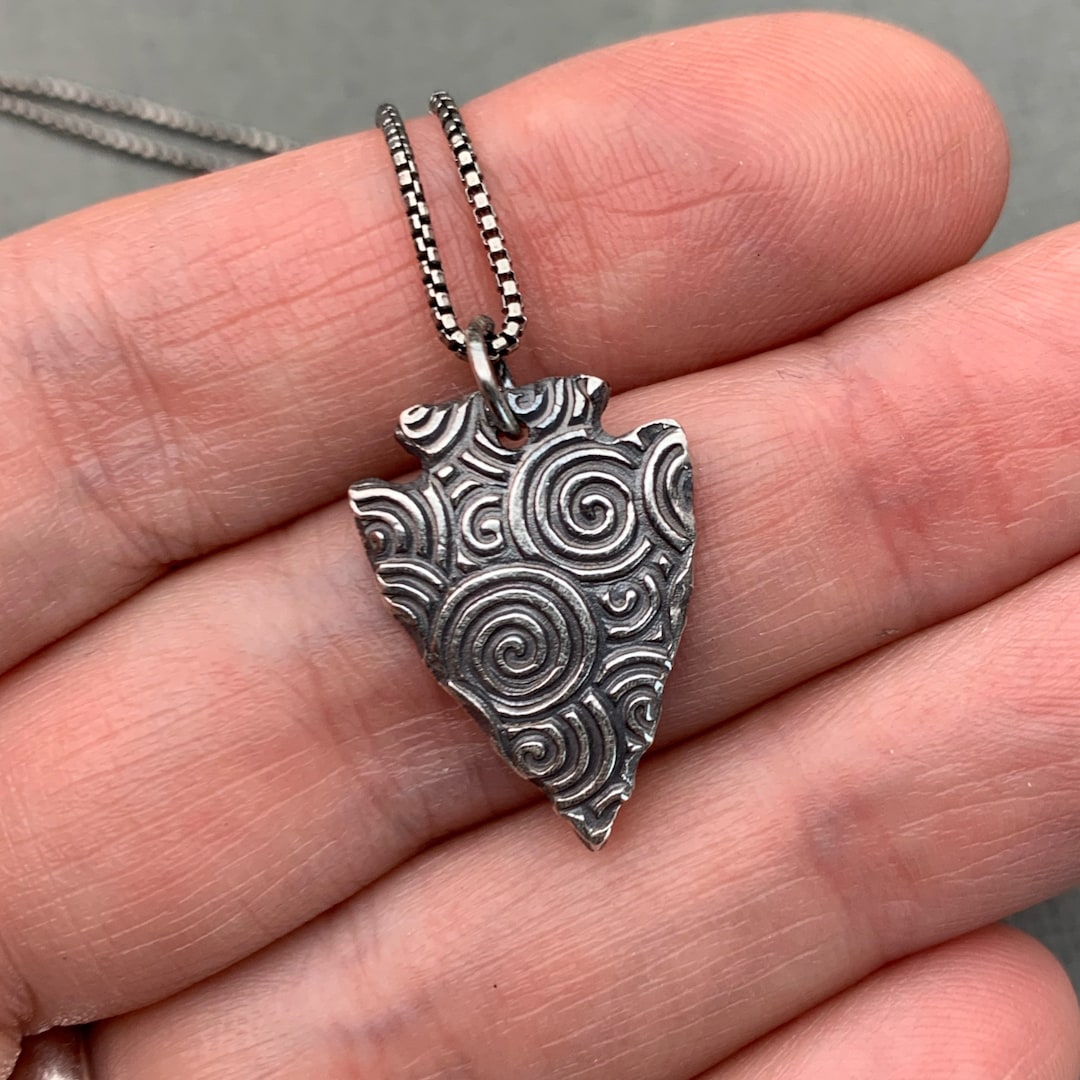 Silver Arrowhead Necklace With Stamped Spiral Design. Solid 925 ...