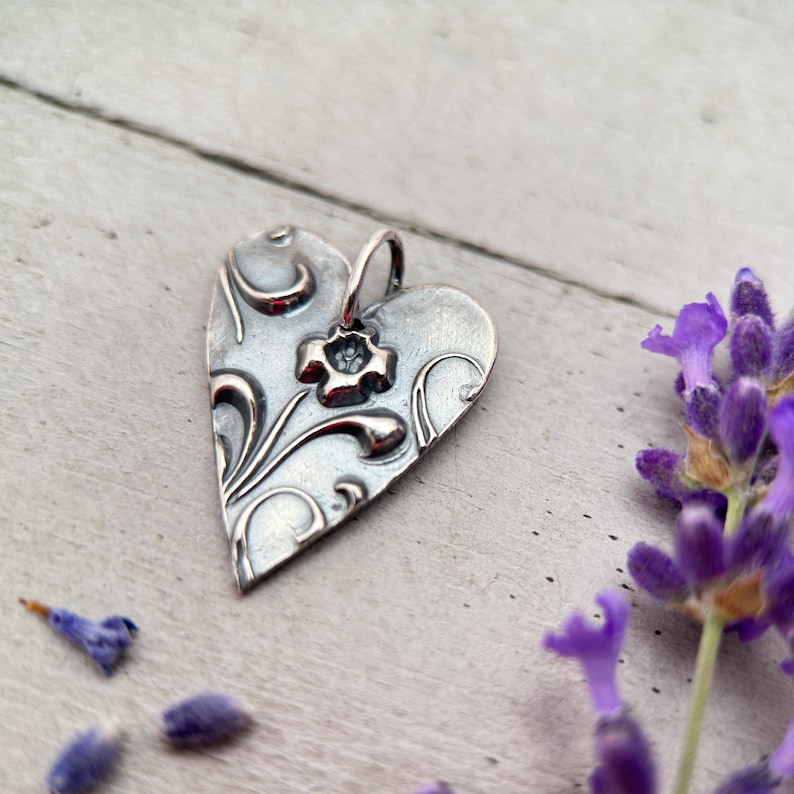 Sterling Silver Heart Pendant – Floral Textured Charm – Handmade Silver ...