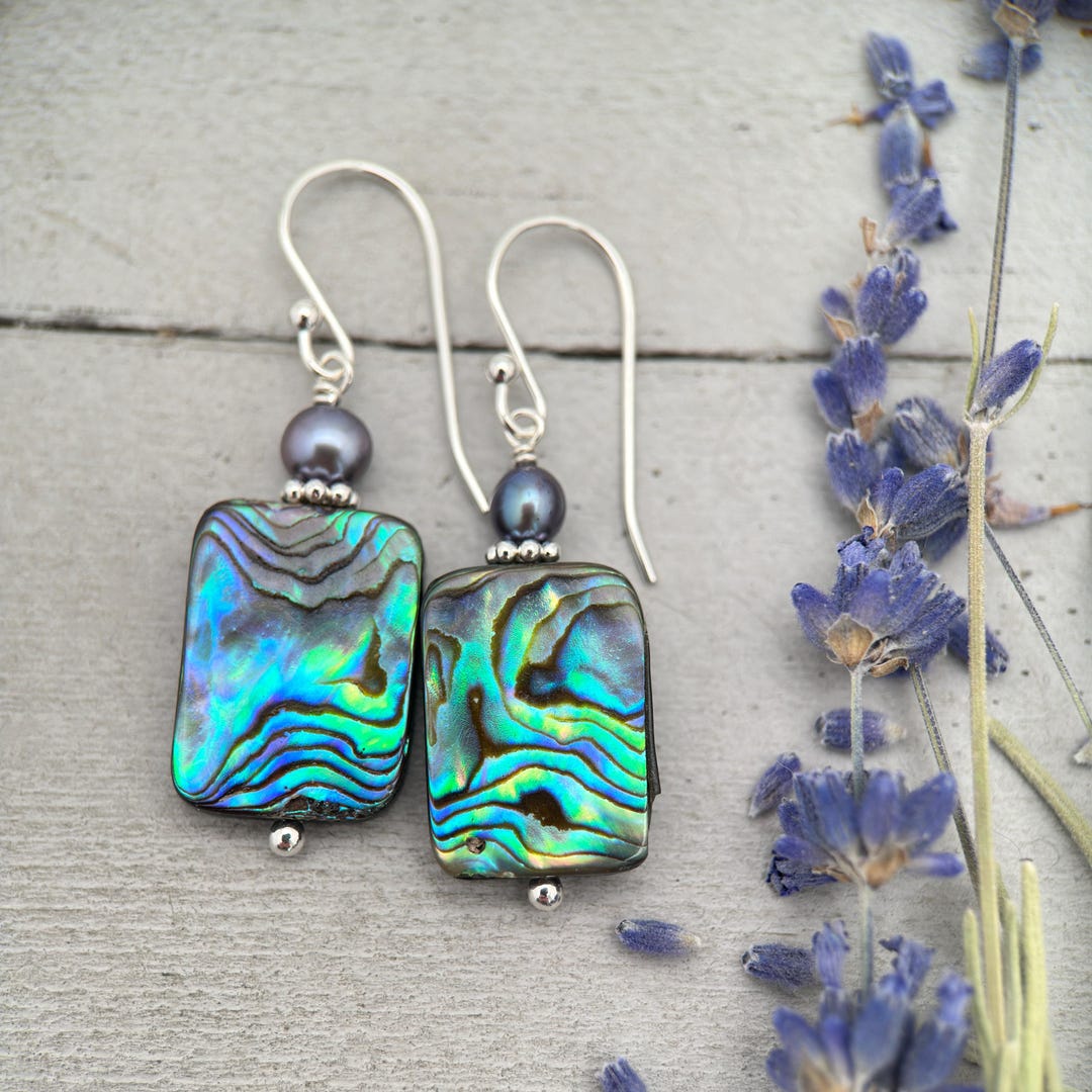 Paua Abalone Shell, Freshwater Pearl, and Sterling Silver Earrings - Etsy