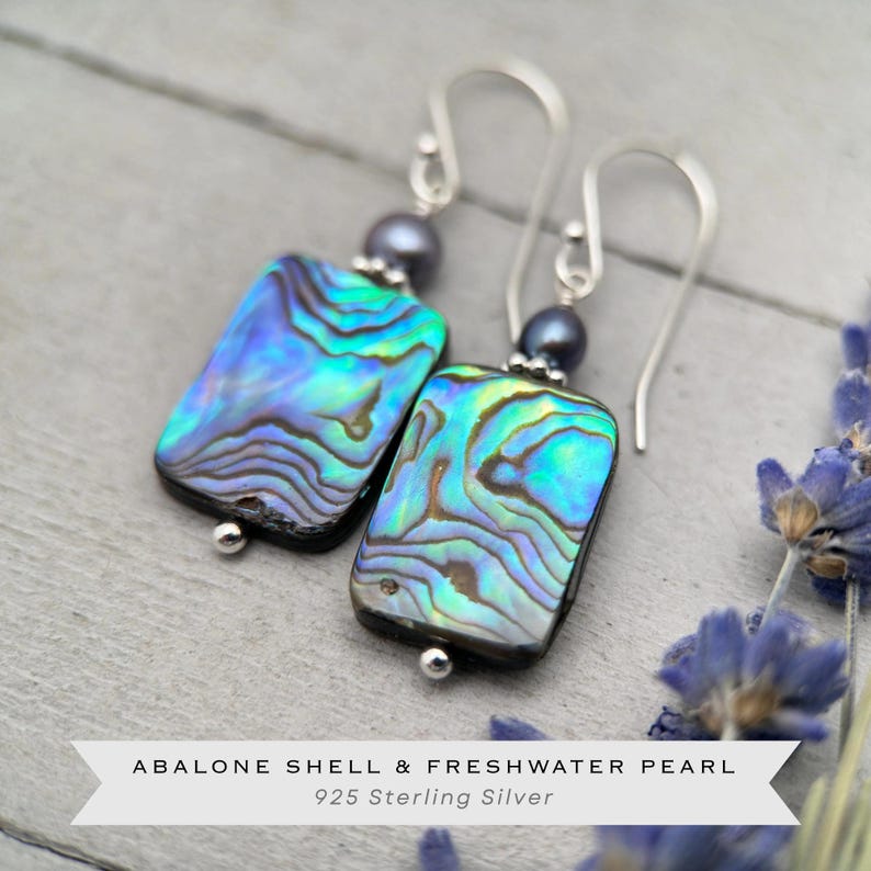 Paua Abalone Shell, Freshwater Pearl, and Sterling Silver Earrings - Etsy