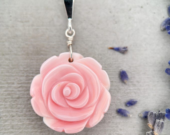 Large Carved Pink Queen Conch Shell Flower and Sterling Silver Pendant ...