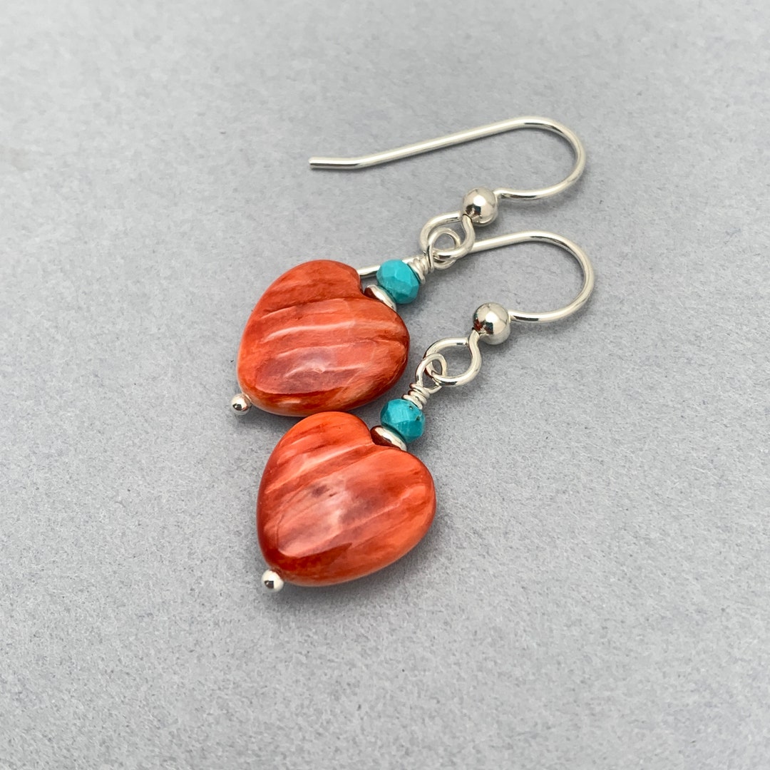 Red Spiny Oyster Shell Heart, Turquoise and Sterling Silver Earrings - Etsy