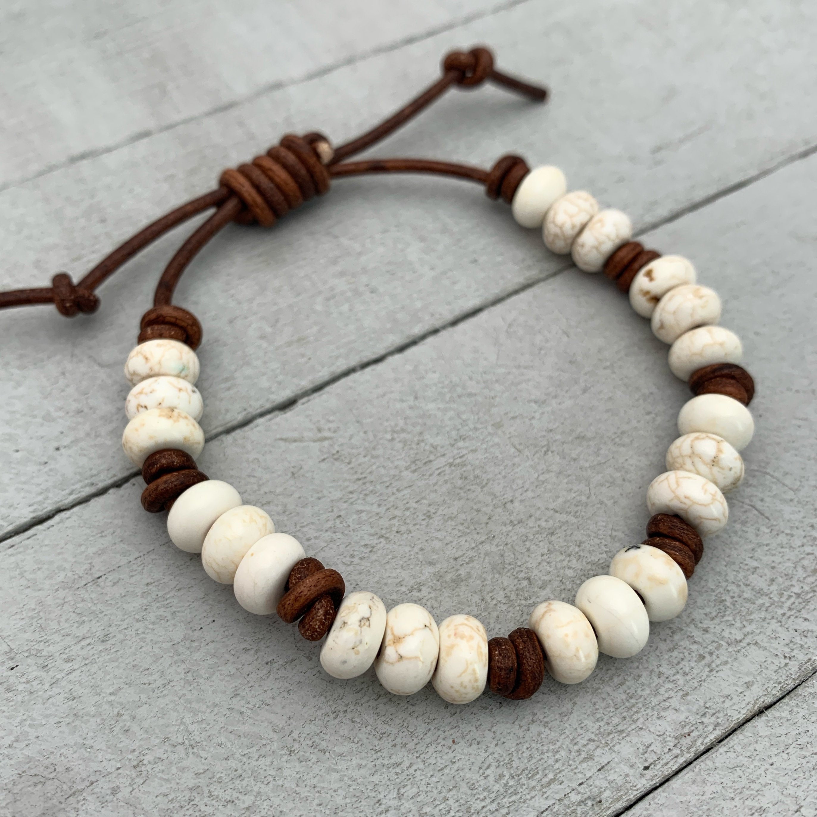 White Magnesite Gemstone and Rustic Brown Leather Stacking - Etsy