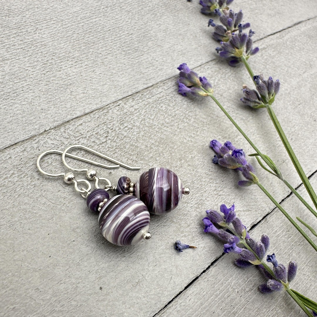 Wampum Quahog Shell Earrings | Sterling Silver Jewelry | Purple and ...