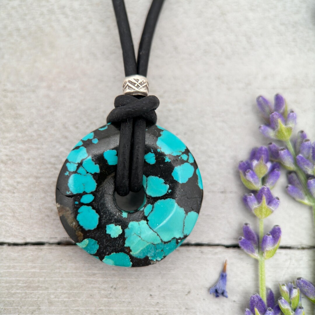 Teal Turquoise Donut and Rustic Black Leather Necklace - Blue Green - Etsy