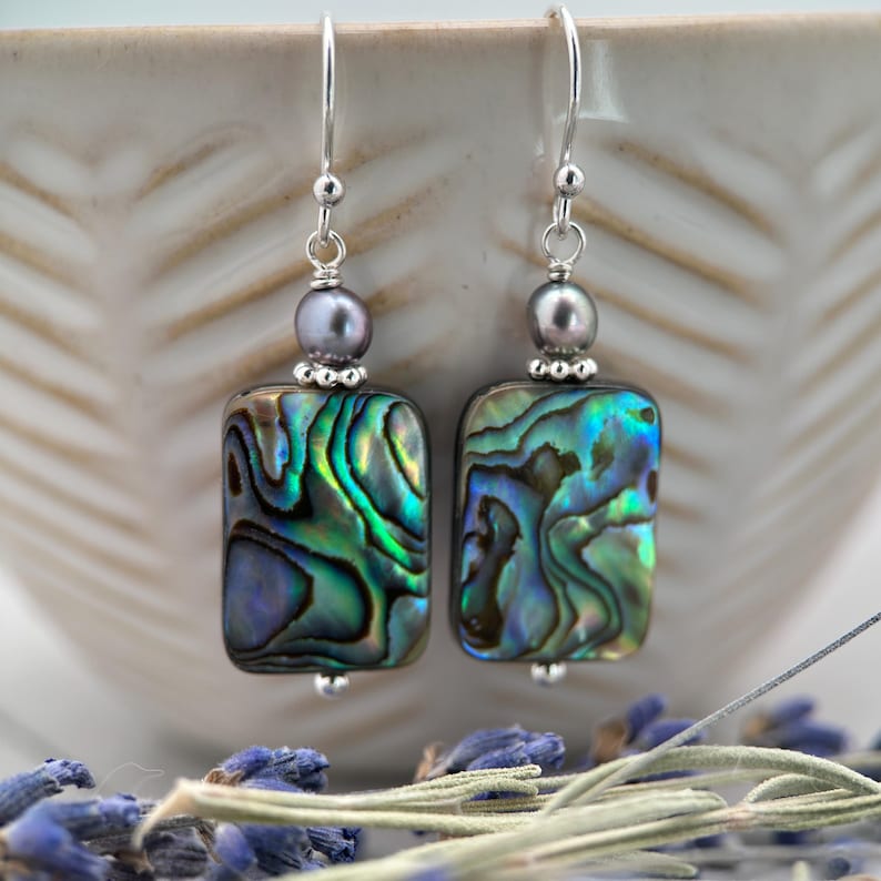 Paua Abalone Shell, Freshwater Pearl, and Sterling Silver Earrings - Etsy