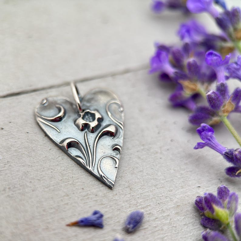 Sterling Silver Heart Pendant – Floral Textured Charm – Handmade Silver ...