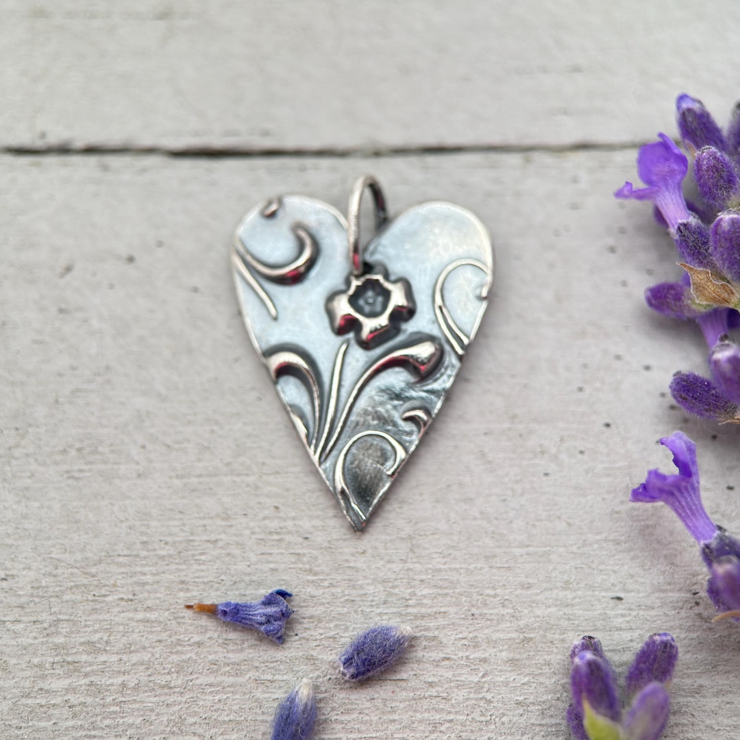 Sterling Silver Heart Pendant – Floral Textured Charm – Handmade Silver ...