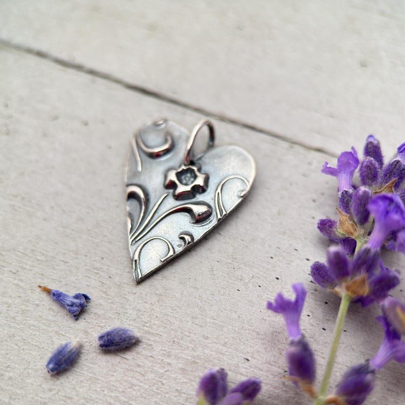 Sterling Silver Heart Pendant – Floral Textured Charm – Handmade Silver ...