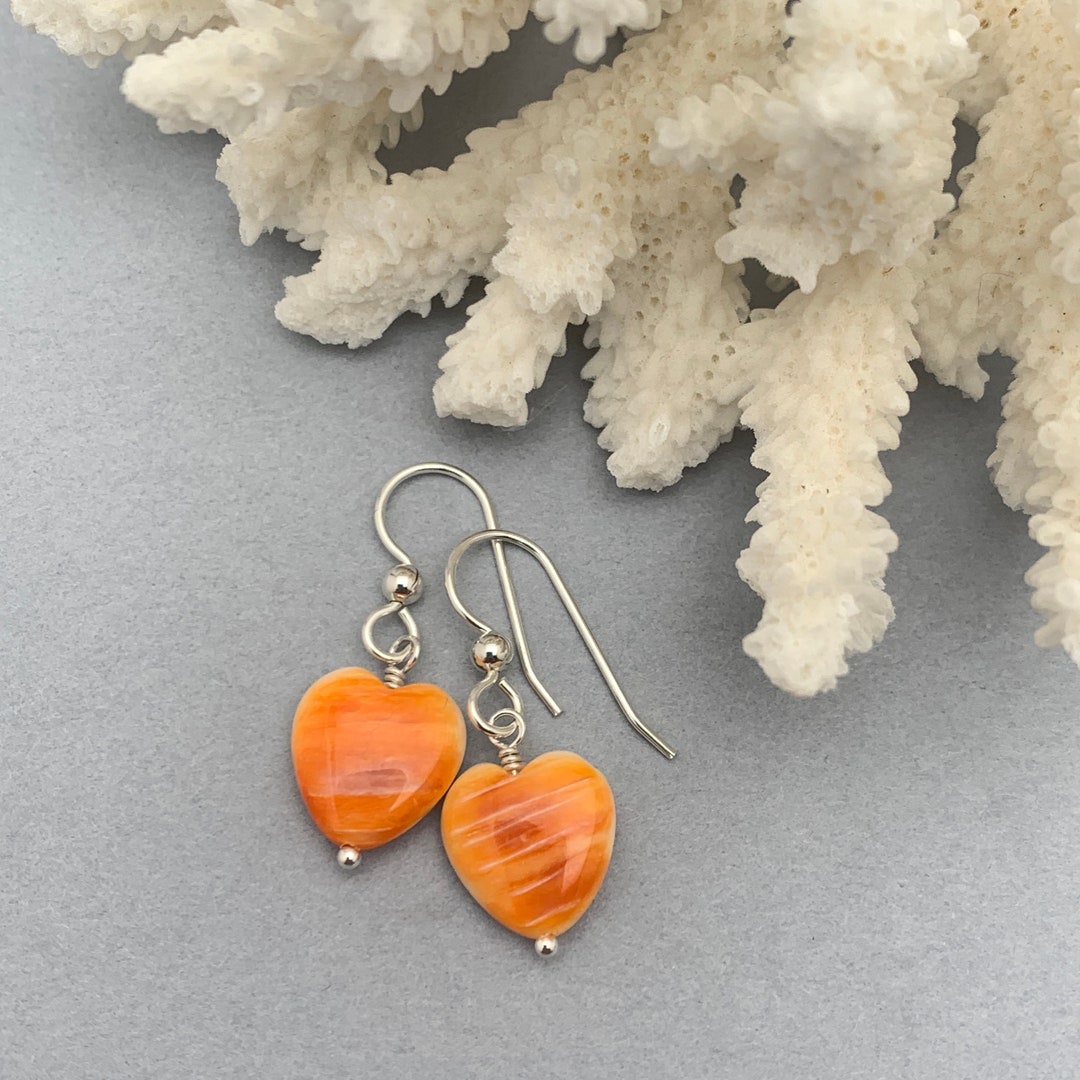 Orange Spiny Oyster Shell Heart and Sterling Silver Earrings - Etsy
