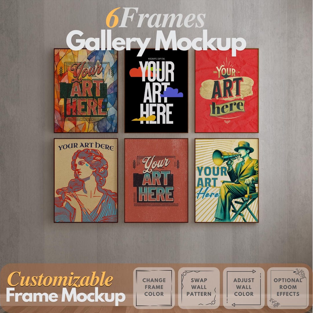 6-frame Gallery Wall Set Mockup, Customizable Set of Frames PSD ...