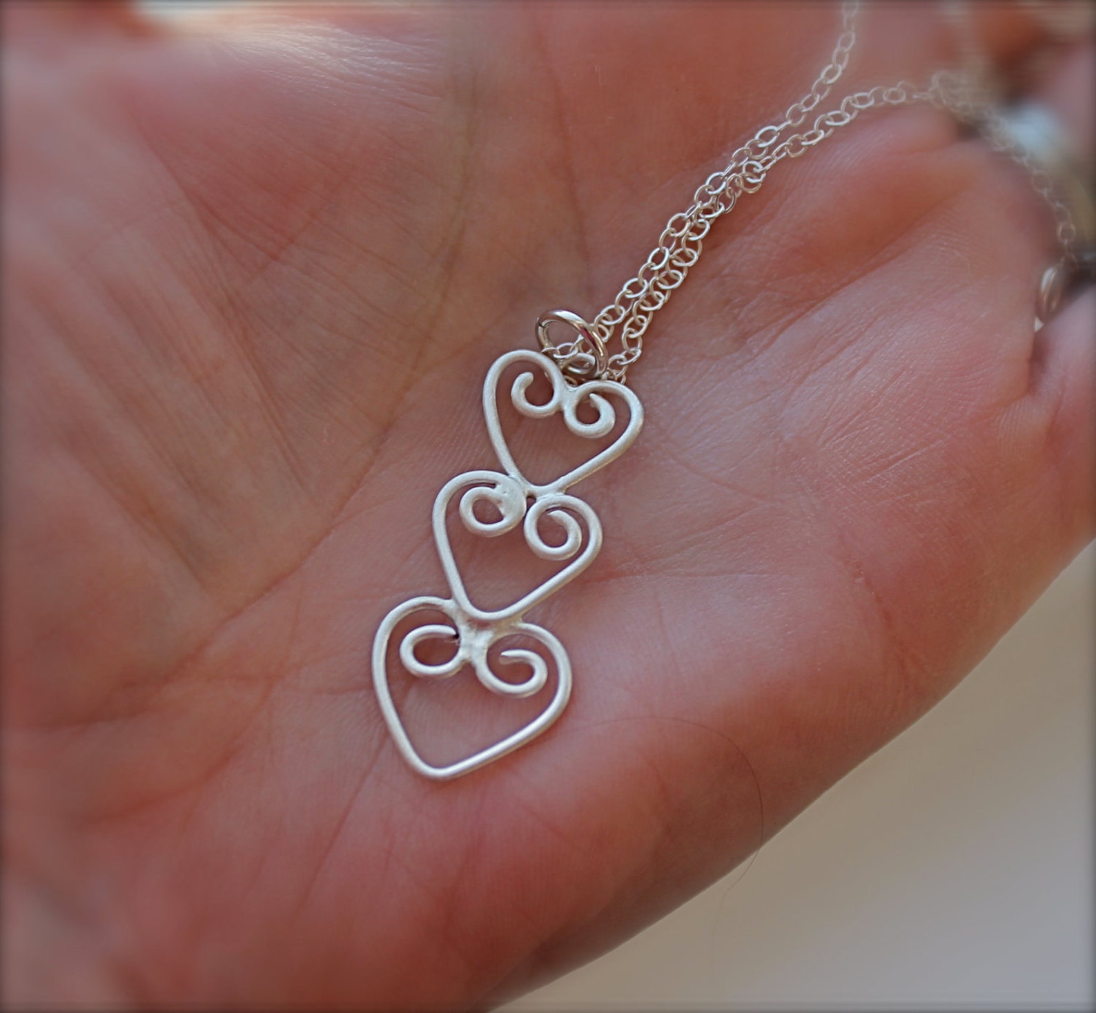 Hearts Necklace. Sterling Silver Hearts Pendant. Three Hearts. Hammered ...