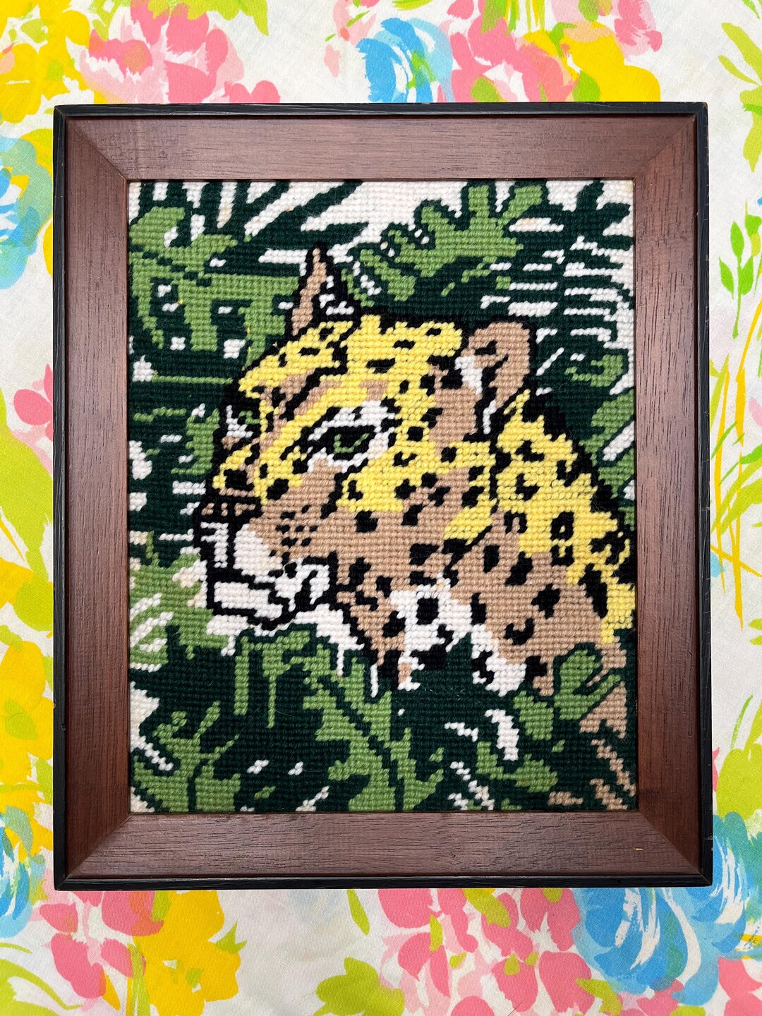 1970’s Vintage Jungle Cat Tropical Foliage Framed Needlepoint - Etsy