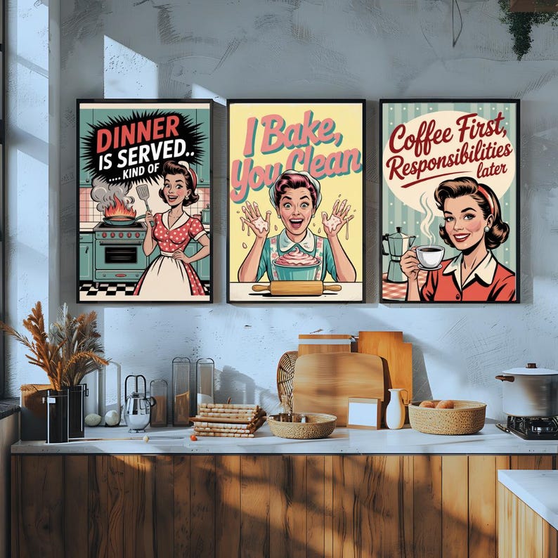 Retro Kitchen Wall Art Set, Set of 3 Dining Prints, Funny Kitchen Print ...