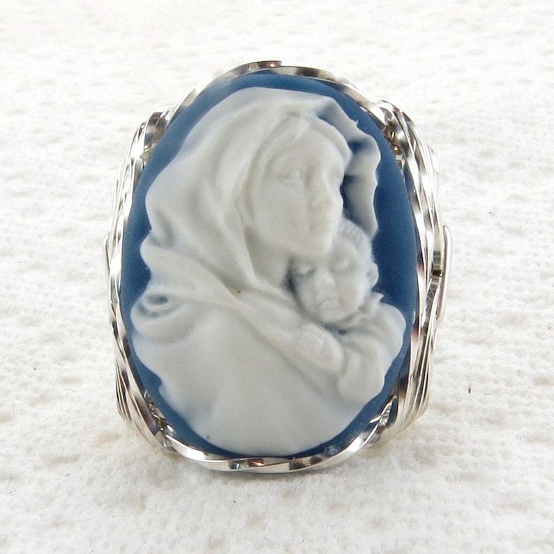 Mother Mary Baby Jesus Blue Cameo Ring Sterling Silver Custom - Etsy