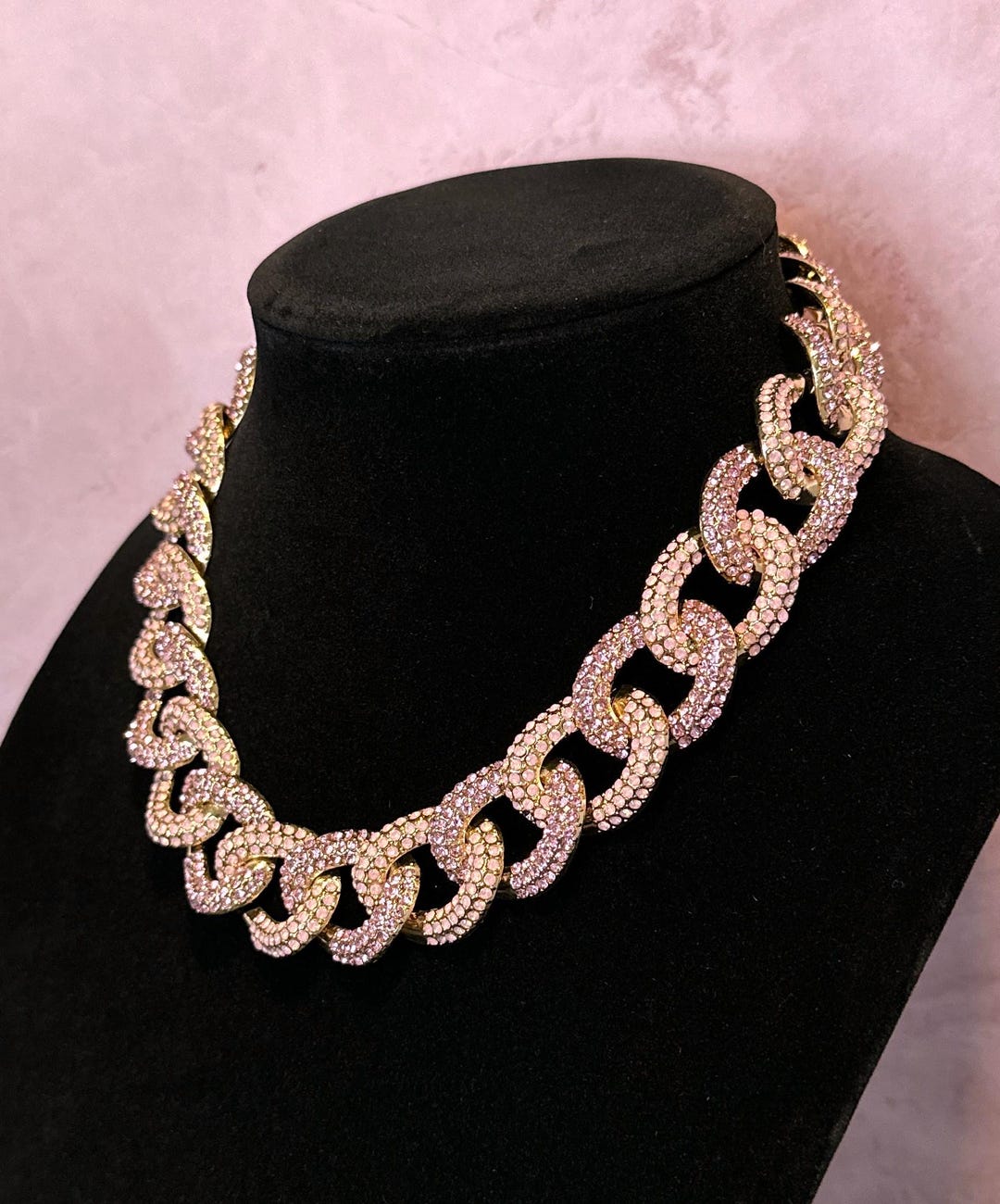 Pink Jeweled Interlaced Link Style Necklace, Gold Colored Chain With ...