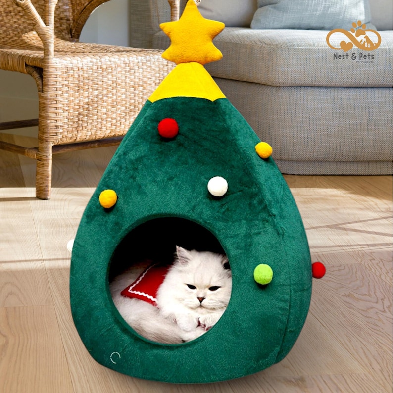 Christmas Cat Bed Christmas Dog House & Cave Bed Soft Nest Christmas ...