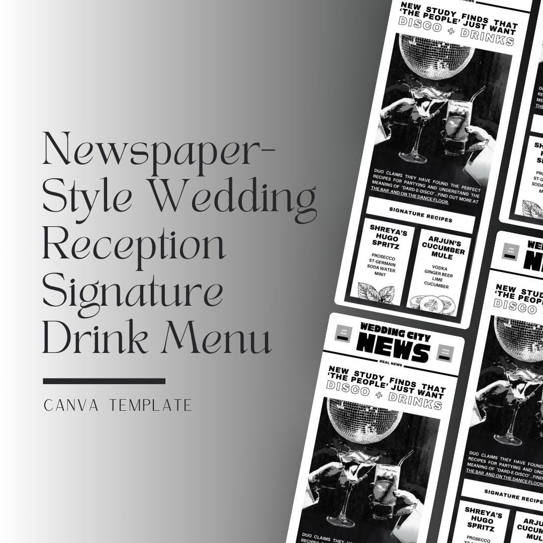 Newspaper Style Wedding Reception Signature Drink Menu - Canva Free ...