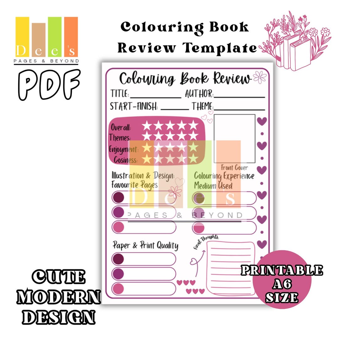 COLOURING BOOK REVIEW, Printable Pdf, Book Review, A6 Template ...