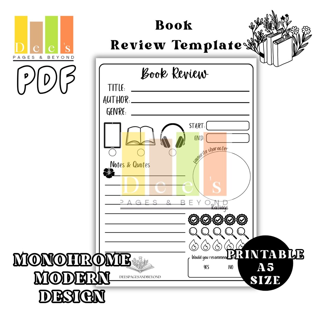 MODERN BOOK REVIEW, Printable Pdf, Book Review Journal, Monochrome A5 ...