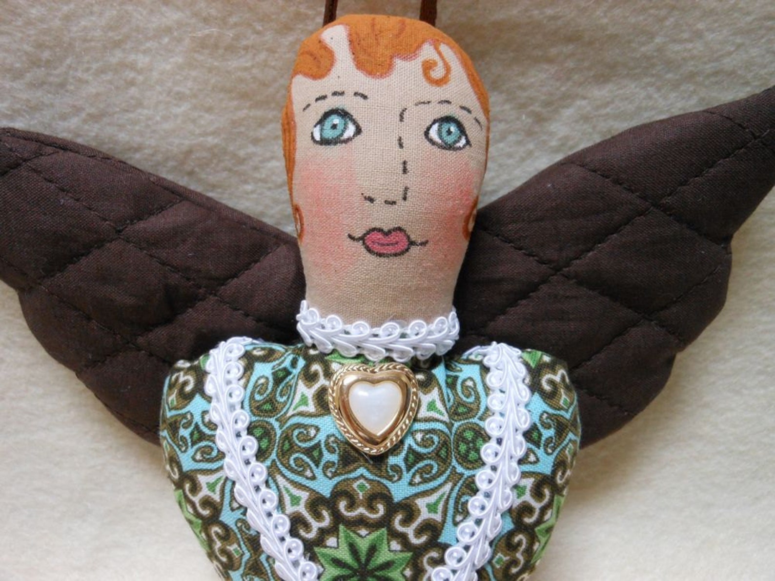 Handmade Fabric Angel Ornament, Brown Quilted Wings, Heart Accent - Etsy
