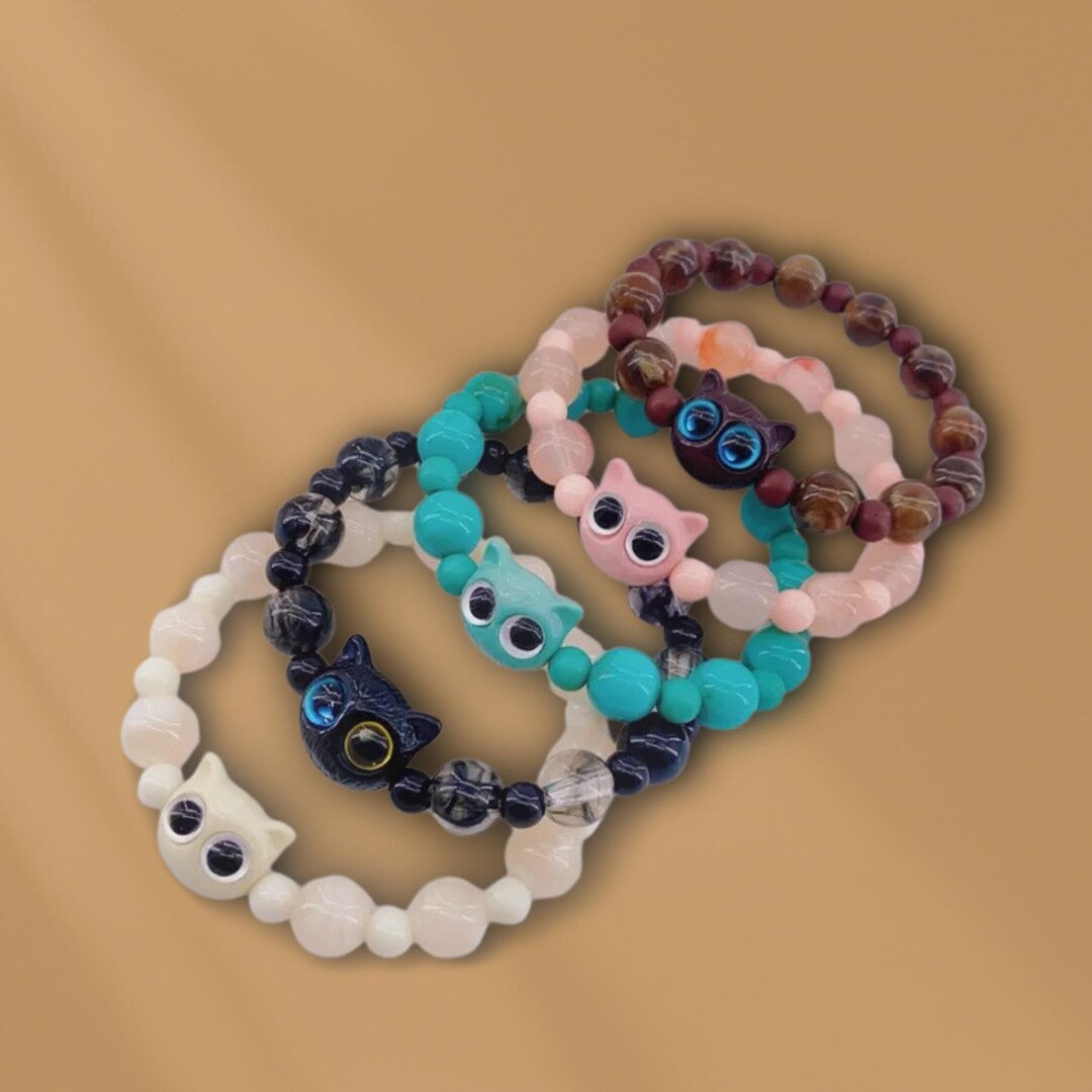 Cat Lover Couple Bracelets | Kawaii Cat Face Beaded Bracelet Set | Cute ...