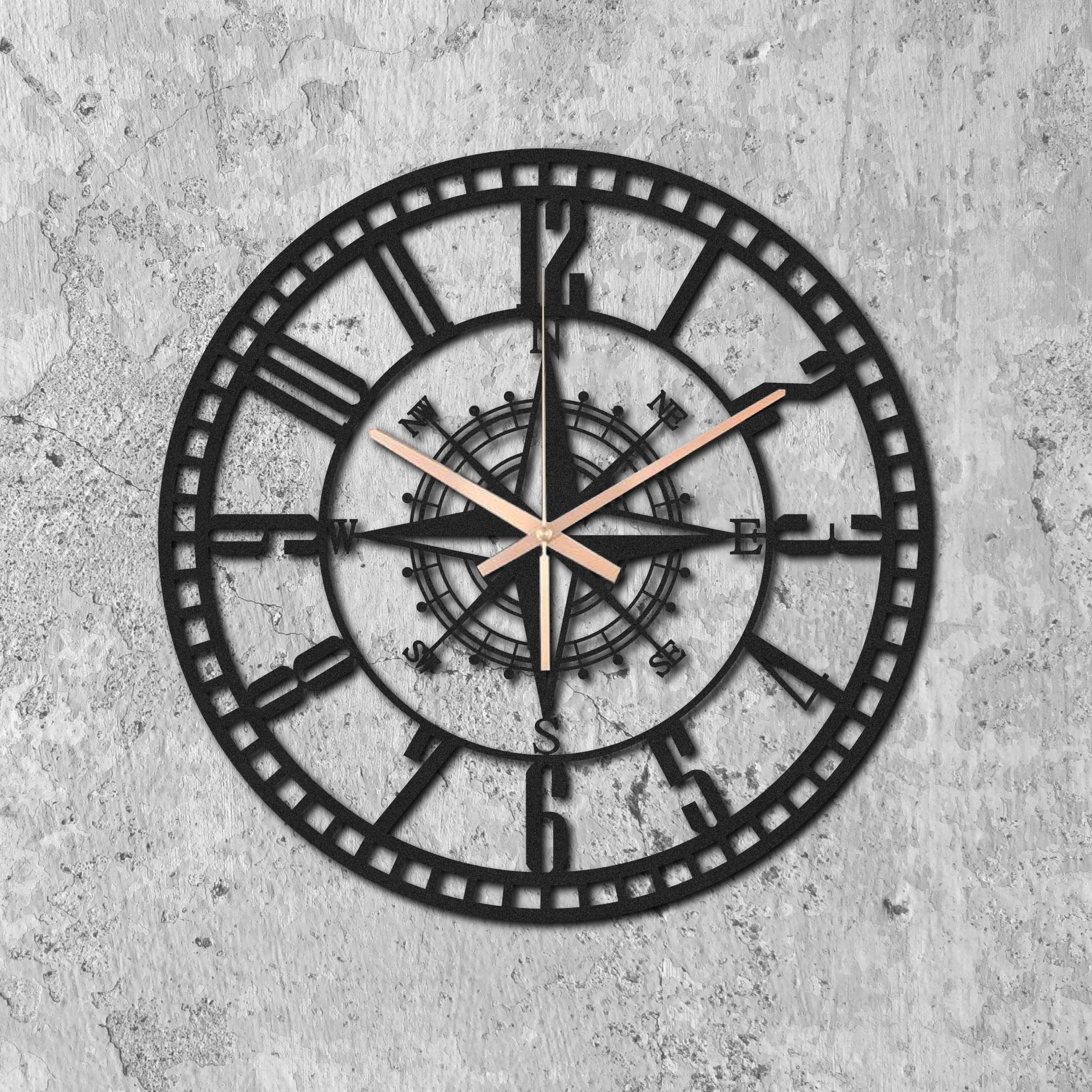 Handmade Metal Wall Clock: Large Compass Design, Silent Clock - Etsy