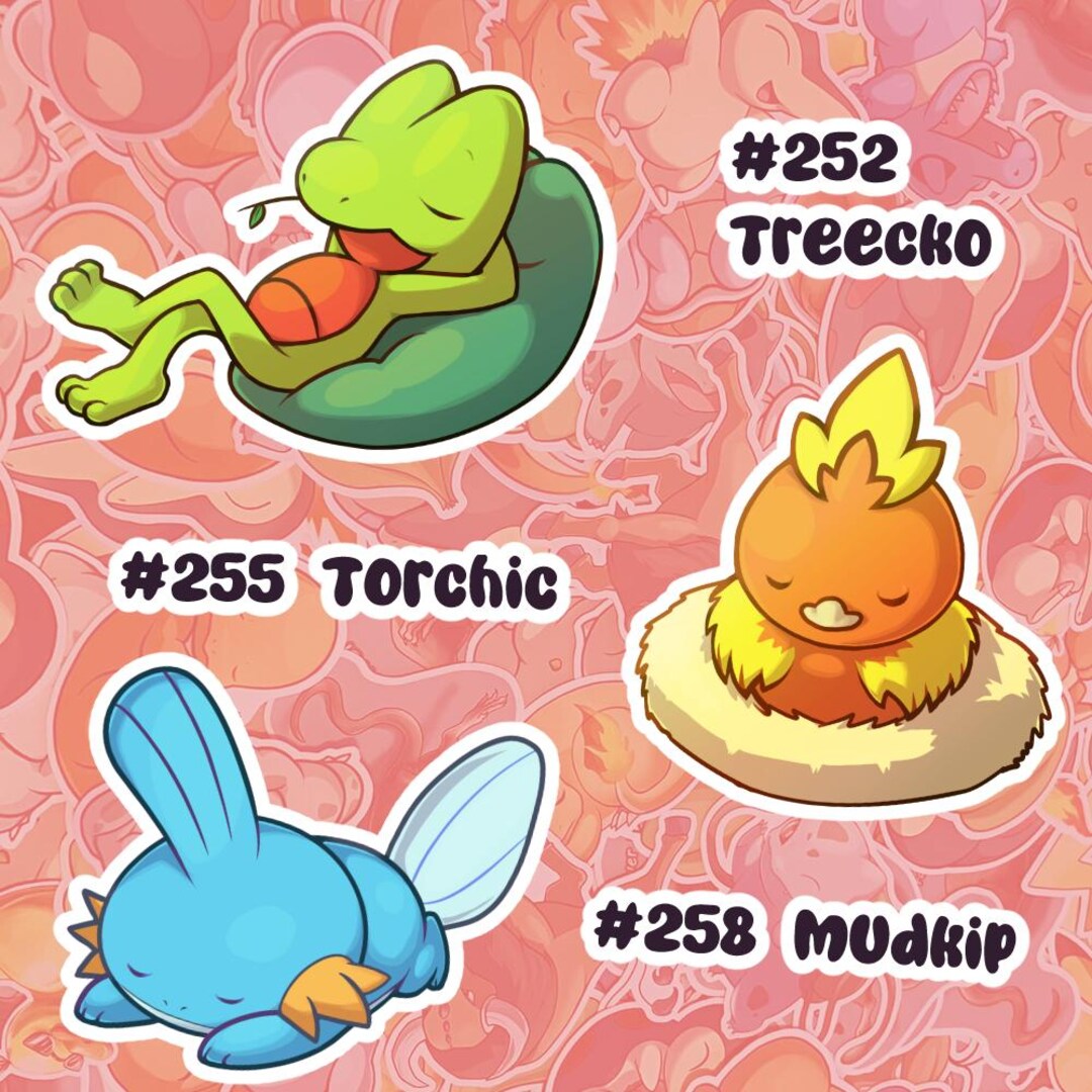 Sleepy Treecko, Torchic, Mudkip Glossy Vinyl Stickers - Water Mudfish ...