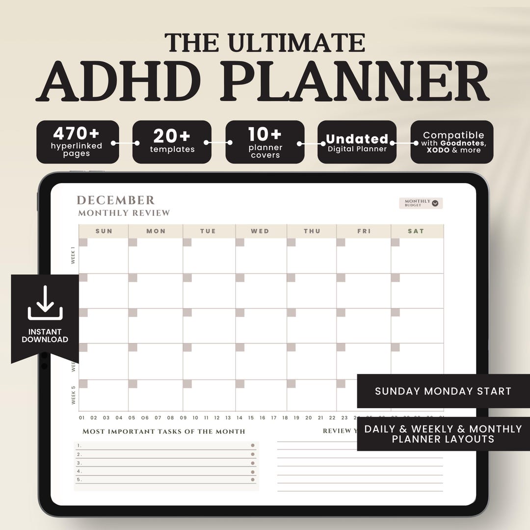 Undated ADHD Digital Planner, Daily Weekly Monthly Layouts, Goodnotes ...