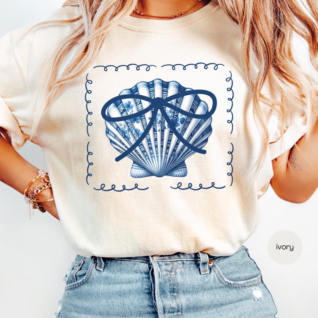Squiggle Frame Seashell Blue Toile Comfort Colors Shirt, Coastal Girly ...